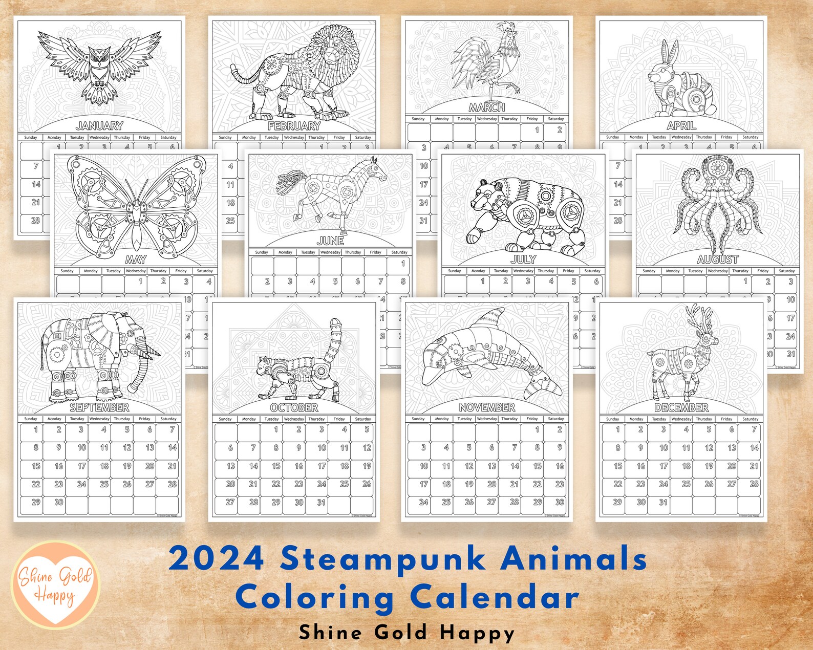 2024 Steampunk Animals Coloring Calendar, Printable Calendar 2024, PDF ...