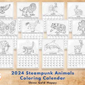 2024 Steampunk Animals Coloring Calendar, Printable Calendar 2024, PDF ...