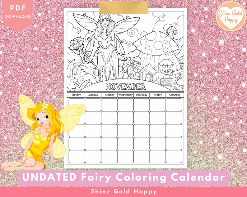 Undated Fairy Coloring Calendar, Printable Calendar, PDF Digital ...