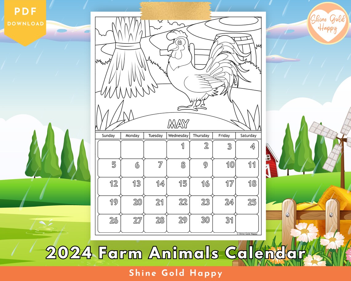 2024 Farm Animals Coloring Calendar, Printable Calendar 2024, PDF ...