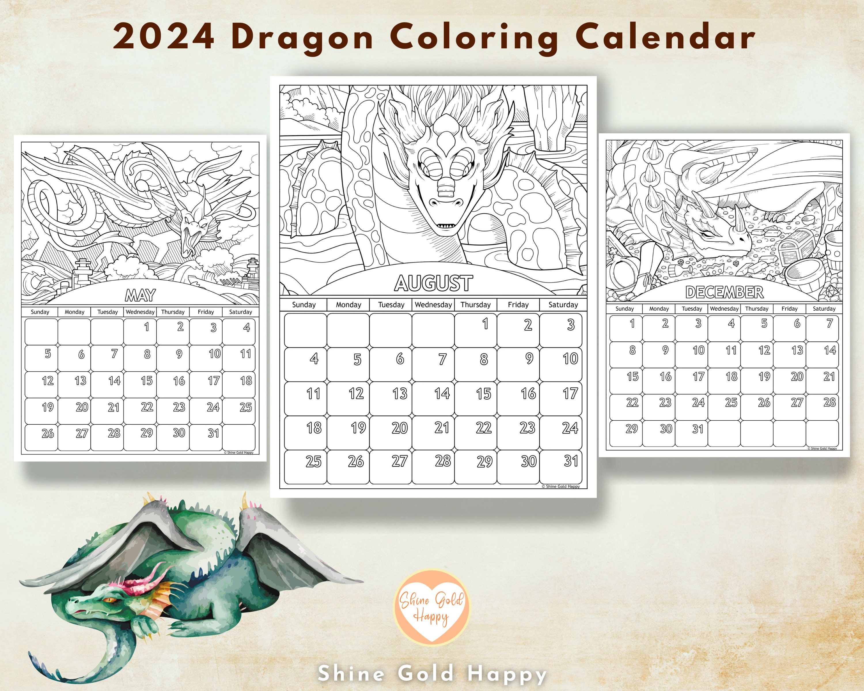 2024 Dragons Coloring Calendar, Printable Calendar 2024, PDF Digital ...