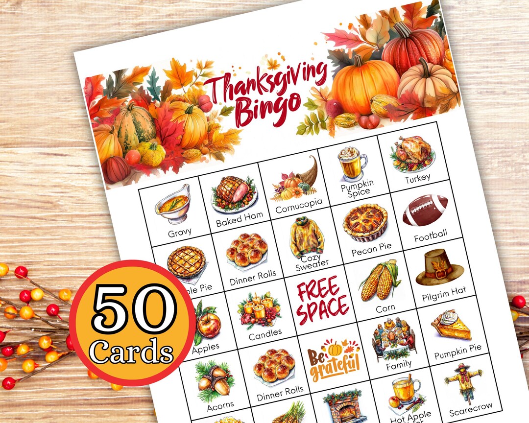 Thanksgiving Bingo, 50 Unique Bingo Cards, Thanksgiving Games Bingo ...
