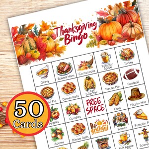 Thanksgiving Bingo, 50 Unique Bingo Cards, Thanksgiving Games Bingo ...