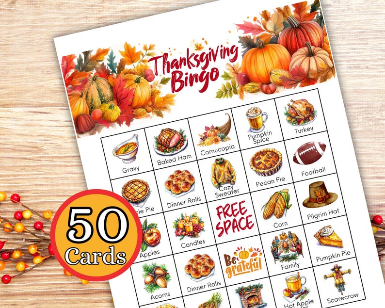 Thanksgiving Bingo, 50 Unique Bingo Cards, Thanksgiving Games Bingo ...