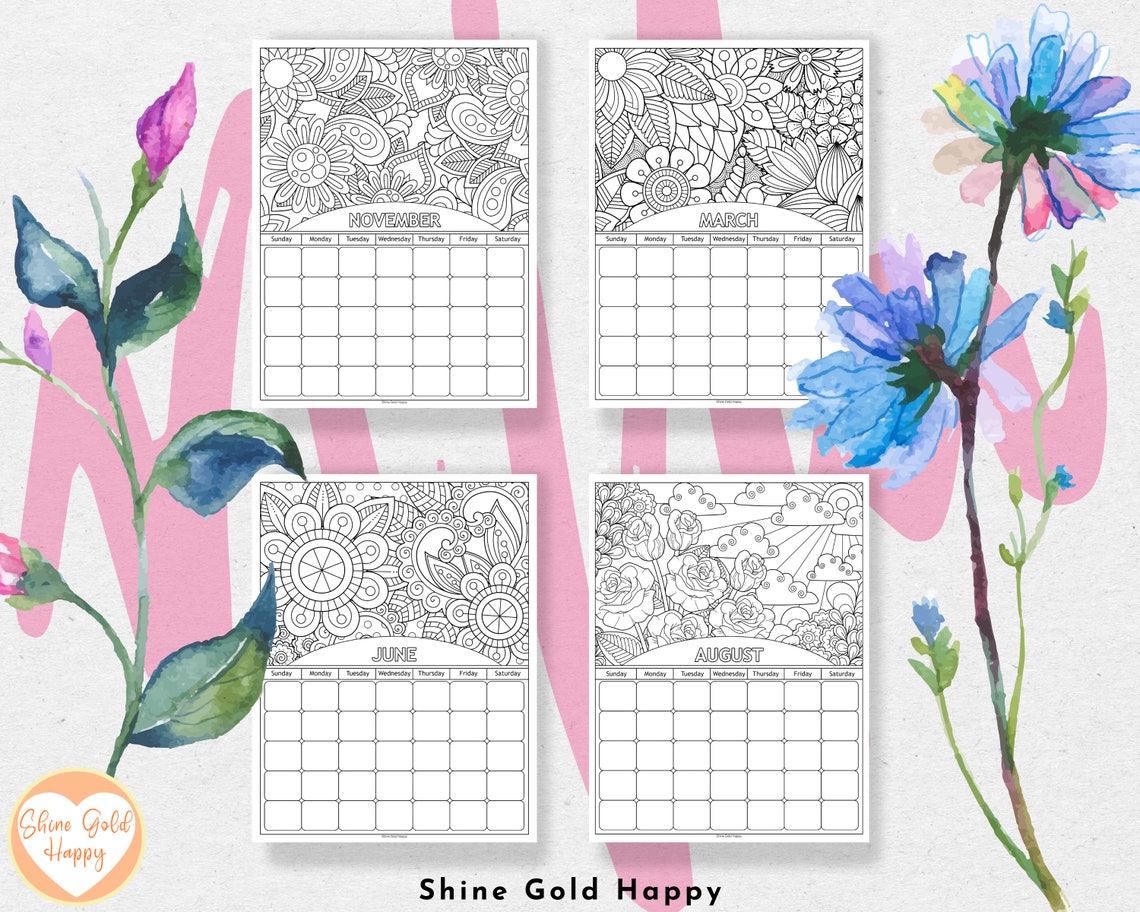 Undated Floral Coloring Calendar PDF Digital Download Printable - Etsy