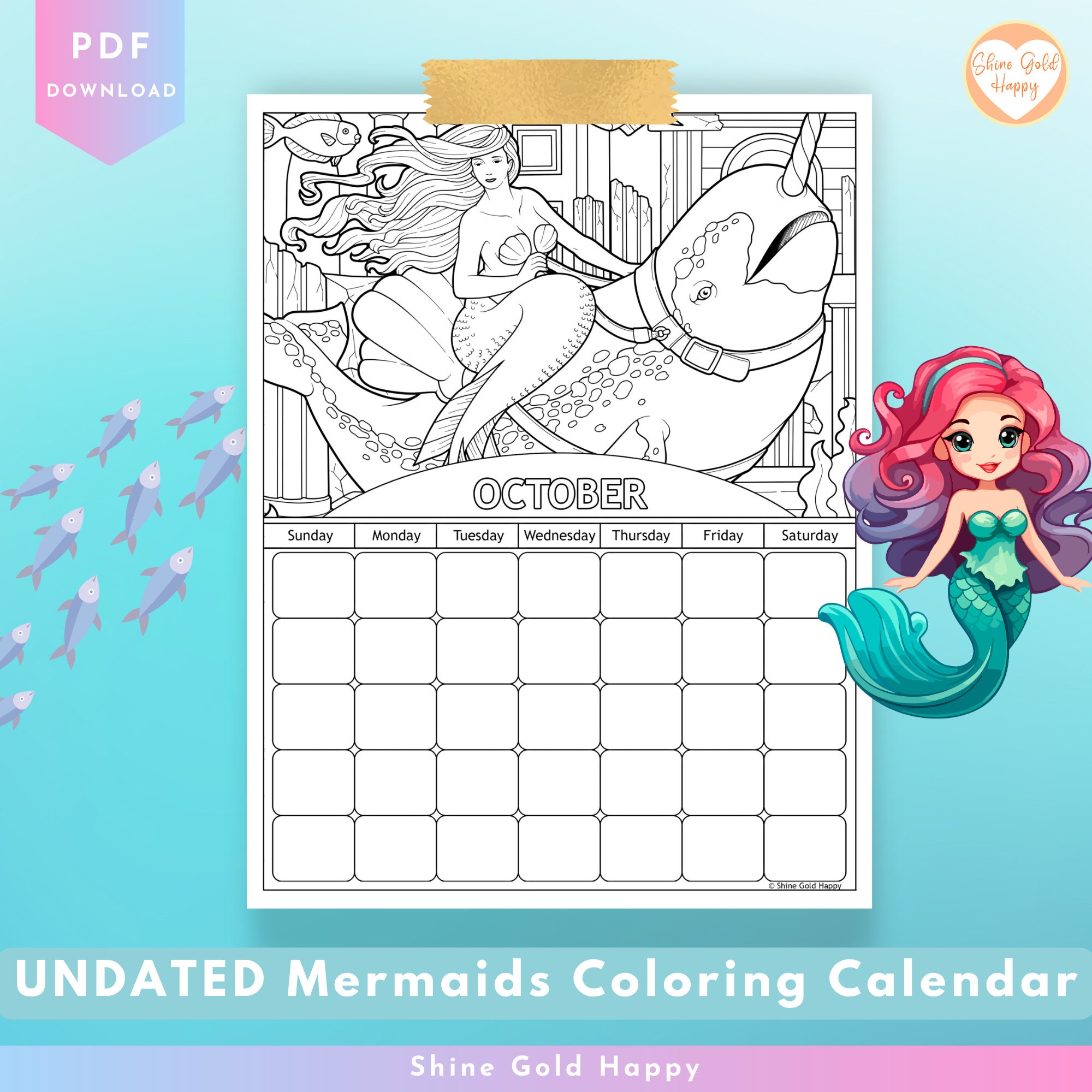 Undated Mermaids Coloring Calendar Printable Monthly - Etsy
