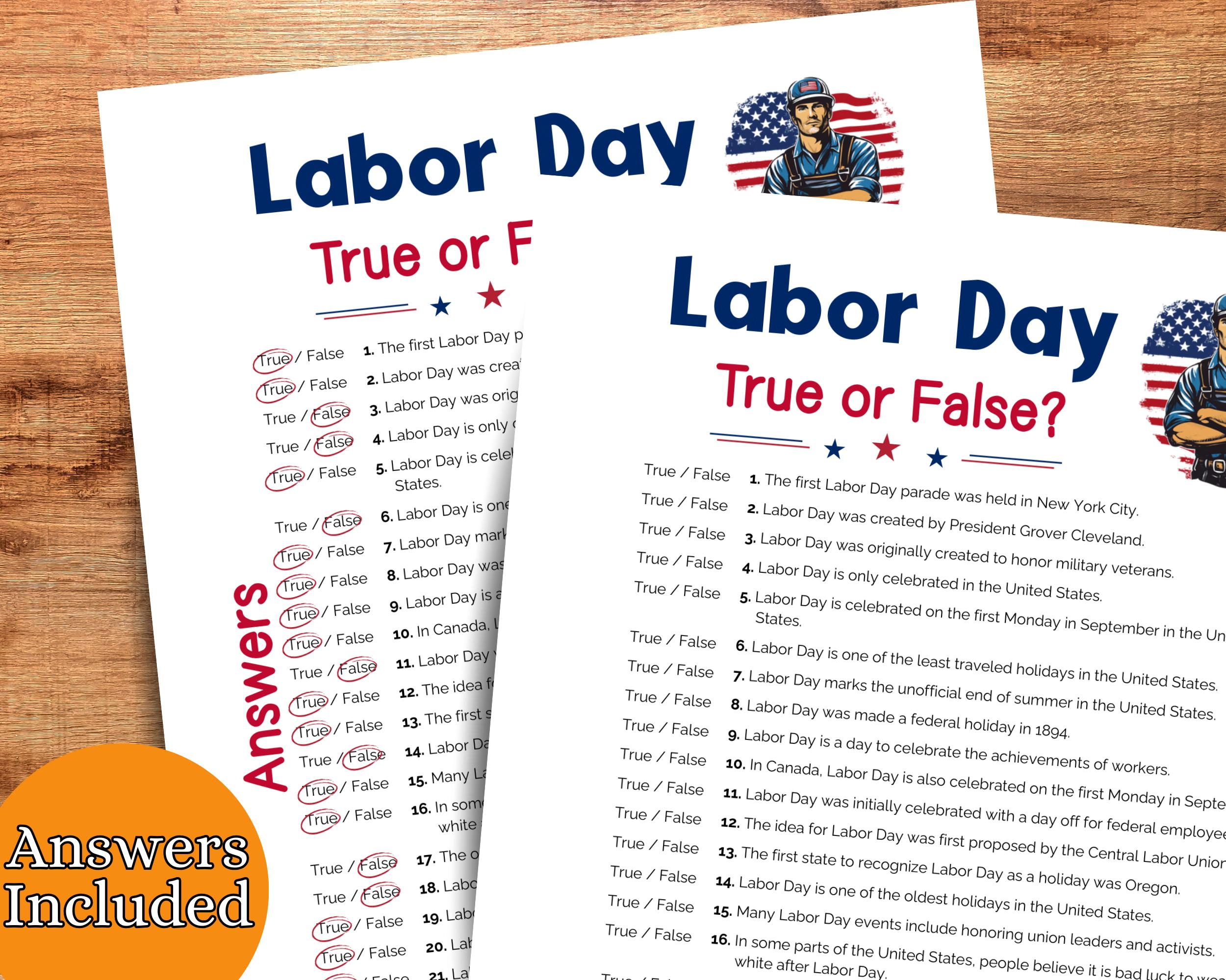 Labor Day Trivia Game, True or False, Labor Day Activity for Kids ...