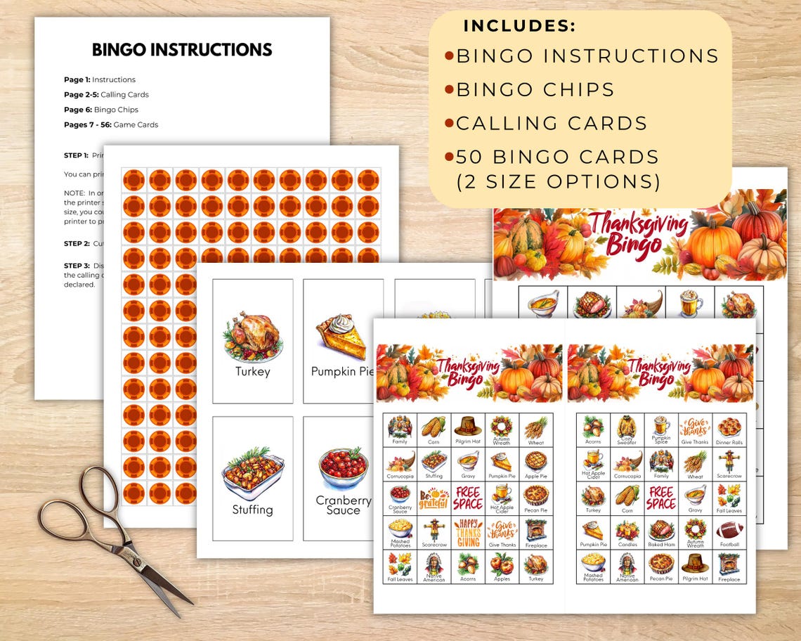 Thanksgiving Bingo, 50 Unique Bingo Cards, Thanksgiving Games ...