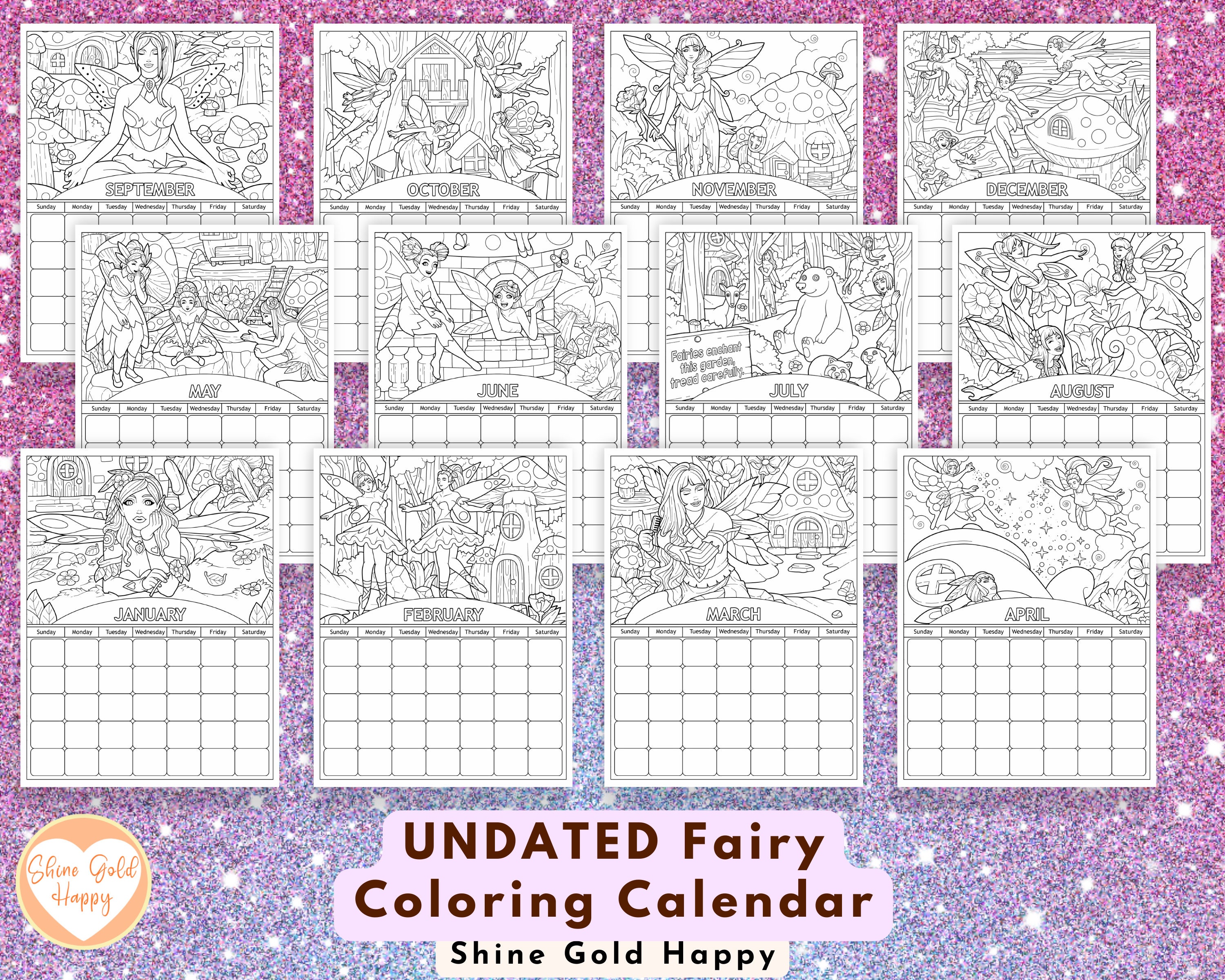 Undated Fairy Coloring Calendar, Printable Calendar, PDF Digital ...