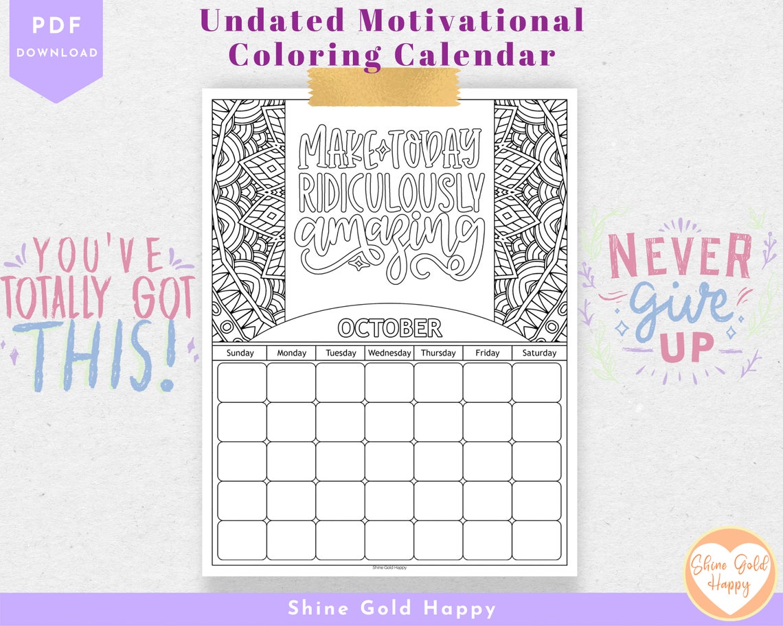 Undated Motivational Coloring Calendar PDF Digital Download Printable ...