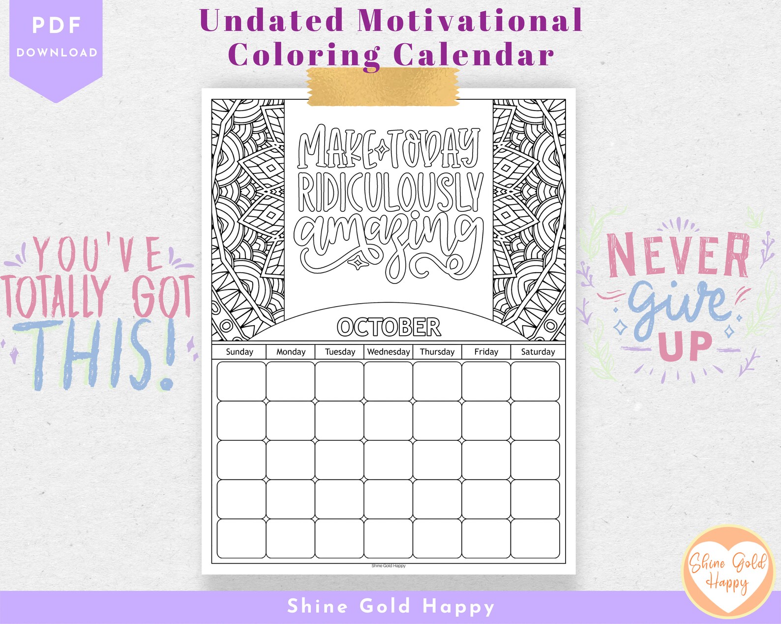 Undated Motivational Coloring Calendar PDF Digital Download Printable ...