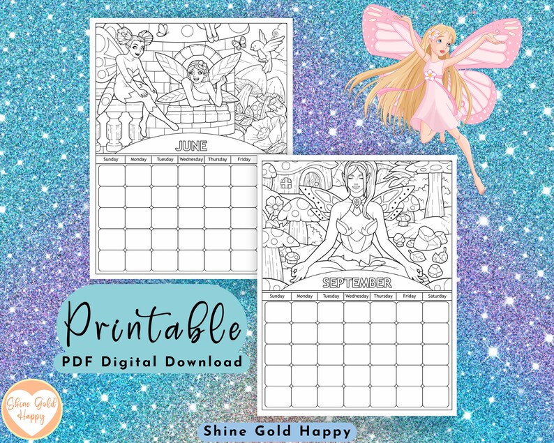 Undated Fairy Coloring Calendar, Printable Calendar, PDF Digital ...