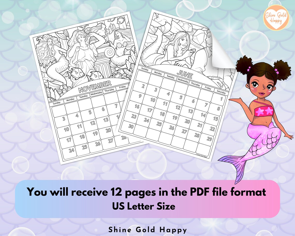 2024 Mermaids Coloring Calendar, Printable Calendar 2024, PDF Digital ...