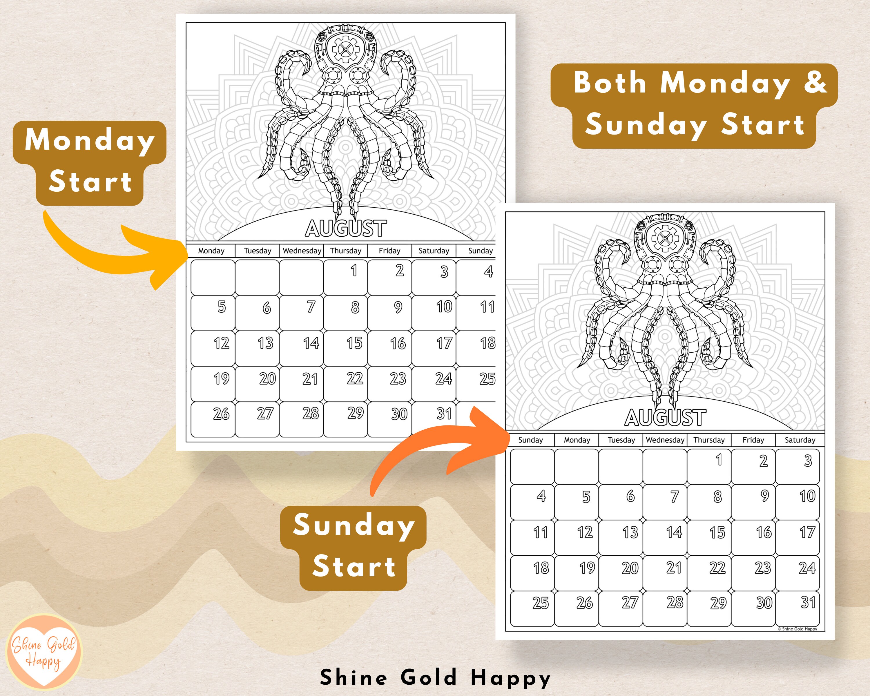 2024 Steampunk Animals Coloring Calendar, Printable Calendar 2024, PDF ...