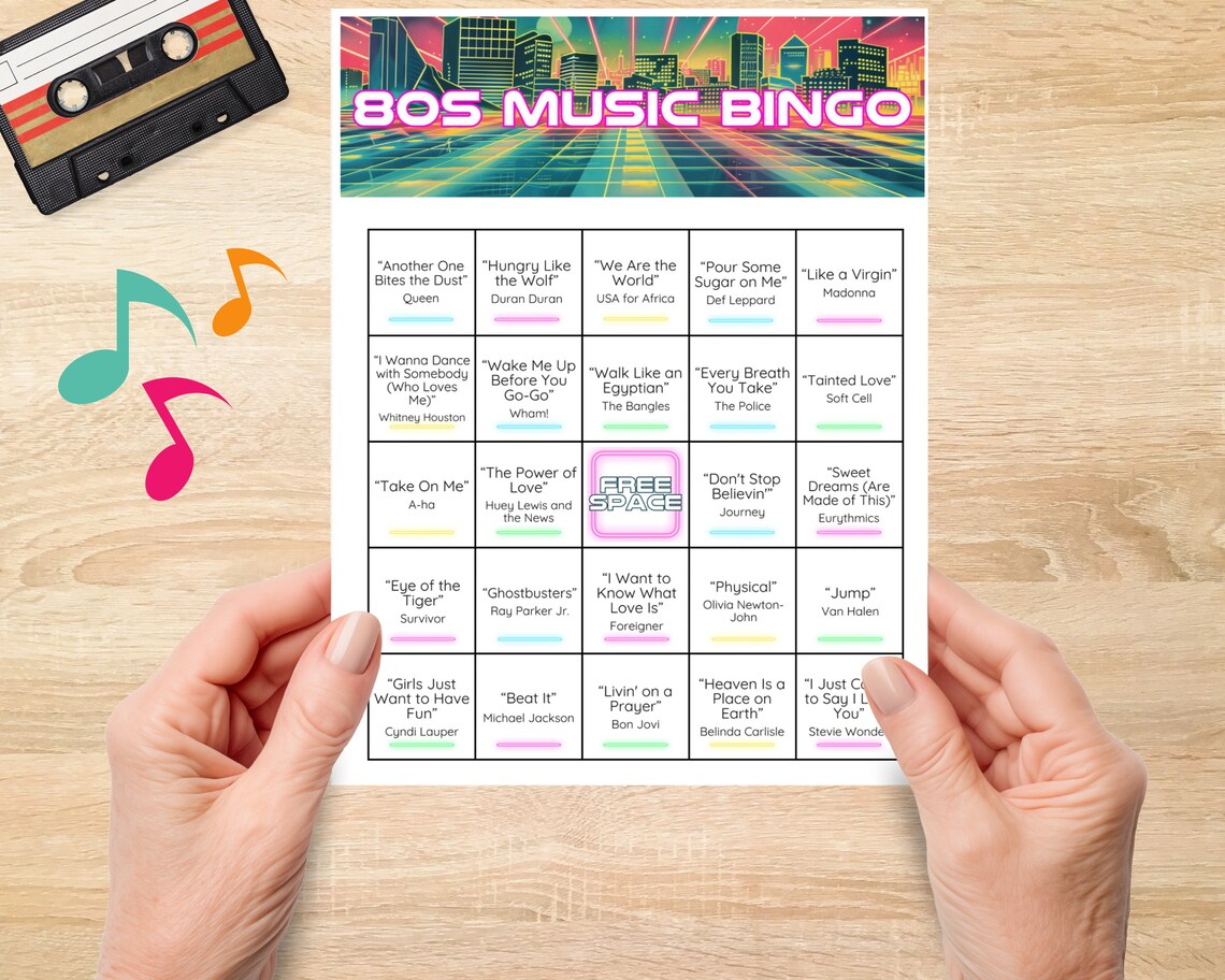 80s Music Bingo Printable Game, Spotify Playlist Included, 50 Unique ...