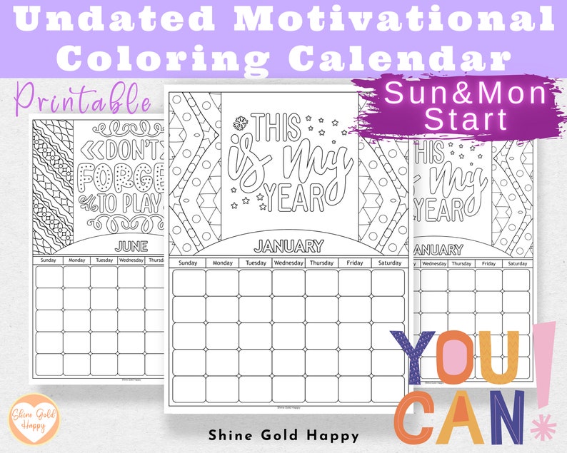 Undated Motivational Coloring Calendar PDF Digital Download Printable ...