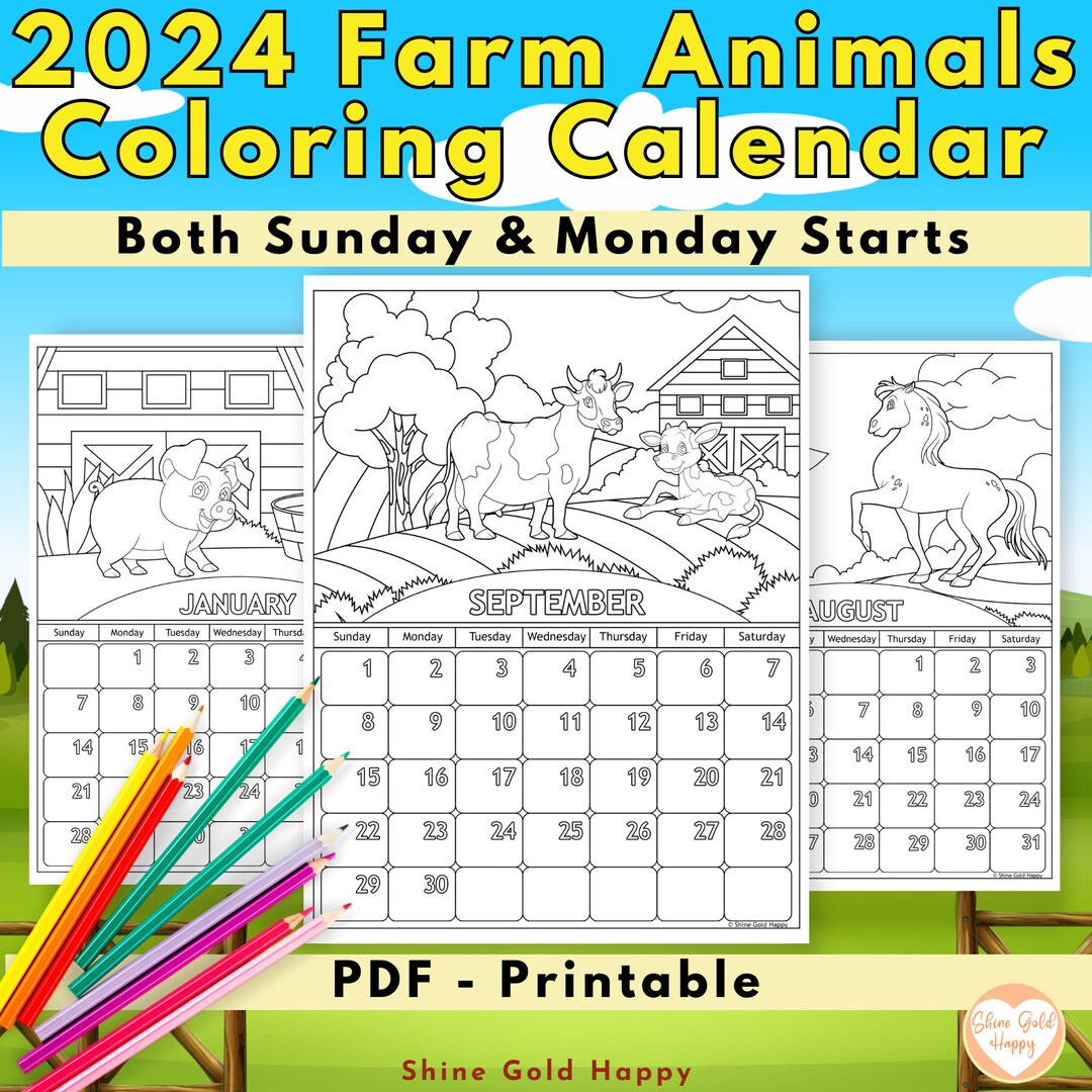 2024 Farm Animals Coloring Calendar, Printable Calendar 2024, PDF ...