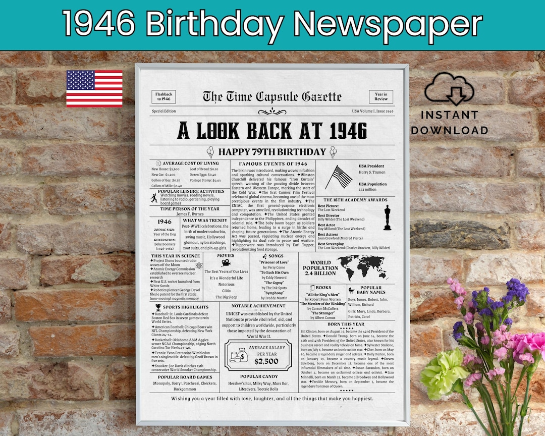 79th Birthday Newspaper, Born in 1946, 79th Birthday Gift, Birthday ...
