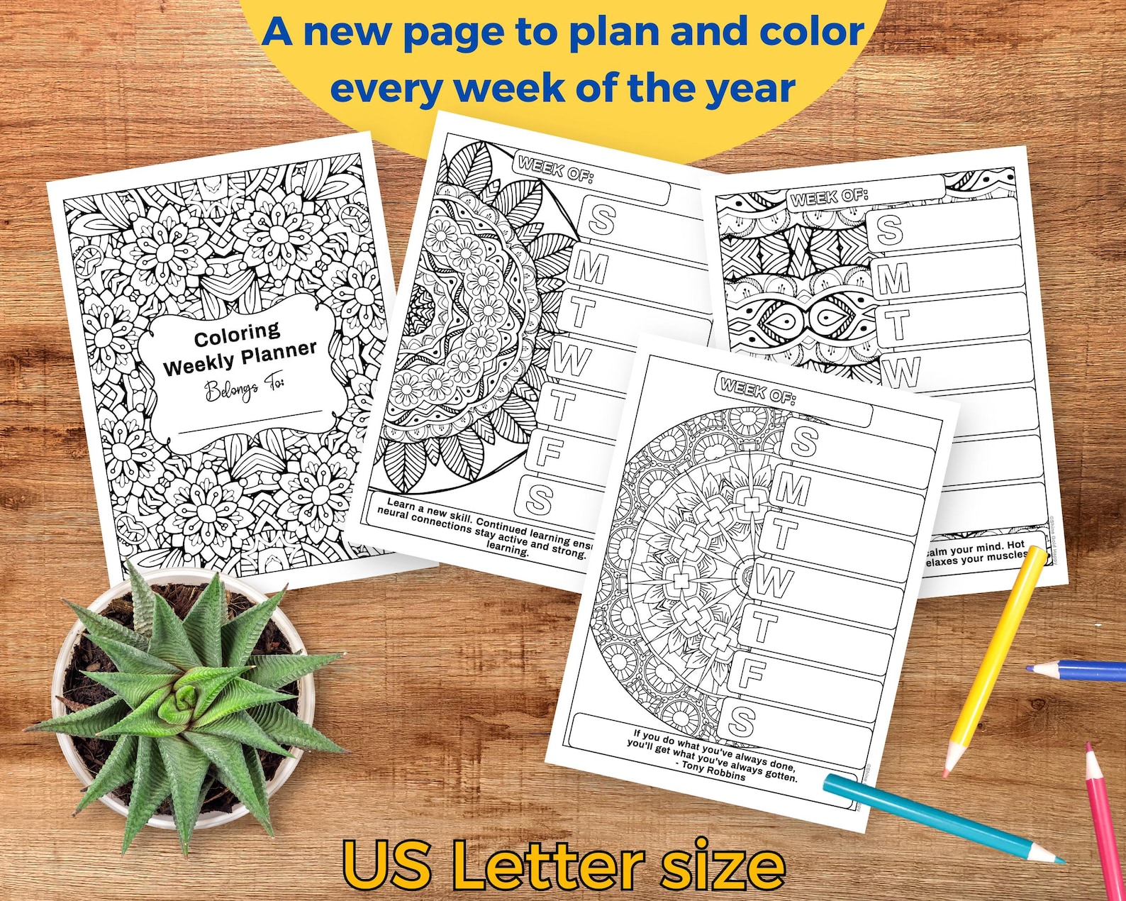 Coloring Weekly Planner, 52 Weeks Tips and Quotes, Weekly Schedule ...