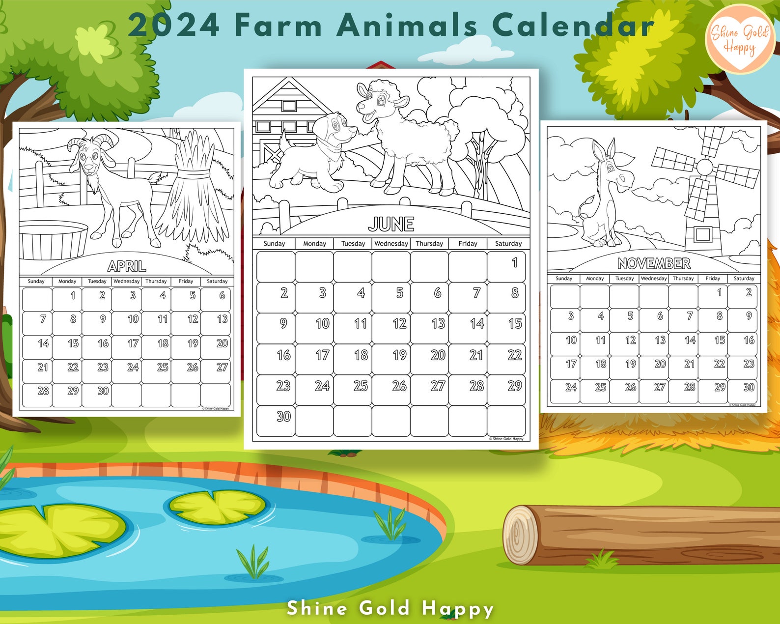 2024 Farm Animals Coloring Calendar, Printable Calendar 2024, PDF ...