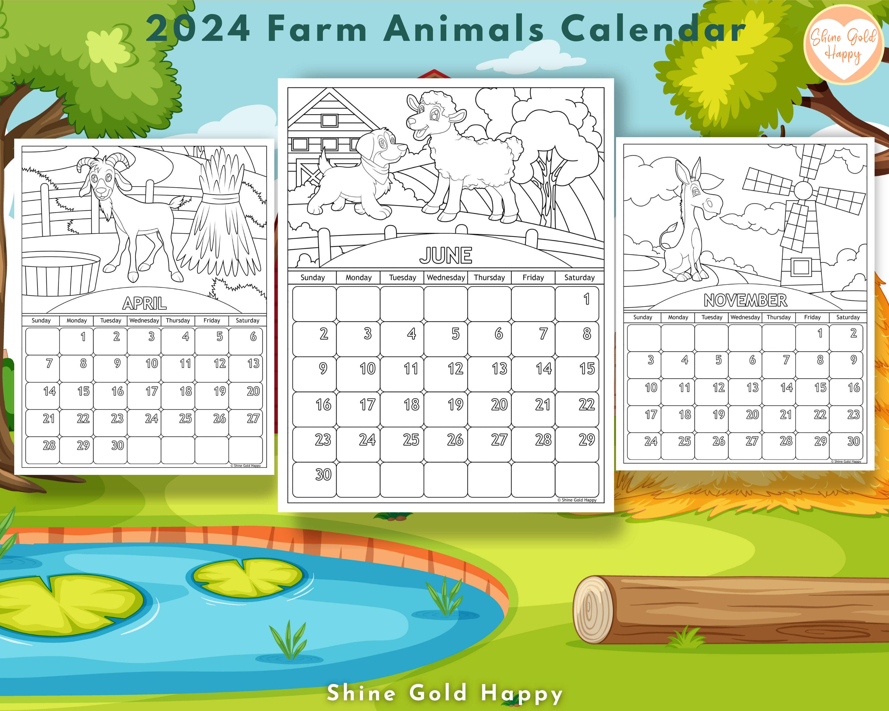 2024 Farm Animals Coloring Calendar, Printable Calendar 2024, PDF ...