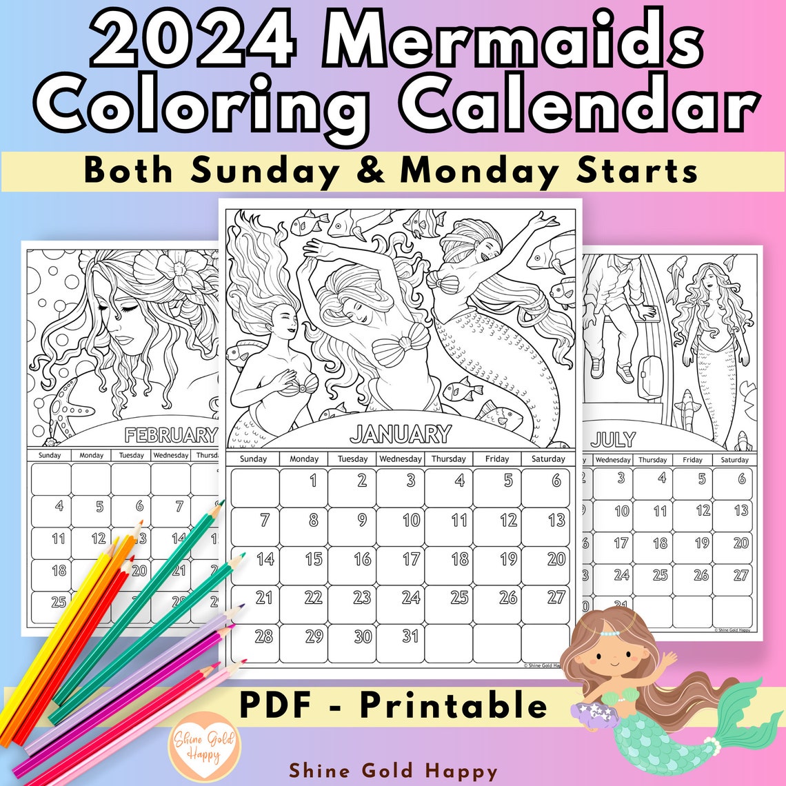 2024 Mermaids Coloring Calendar, Printable Calendar 2024, PDF Digital ...
