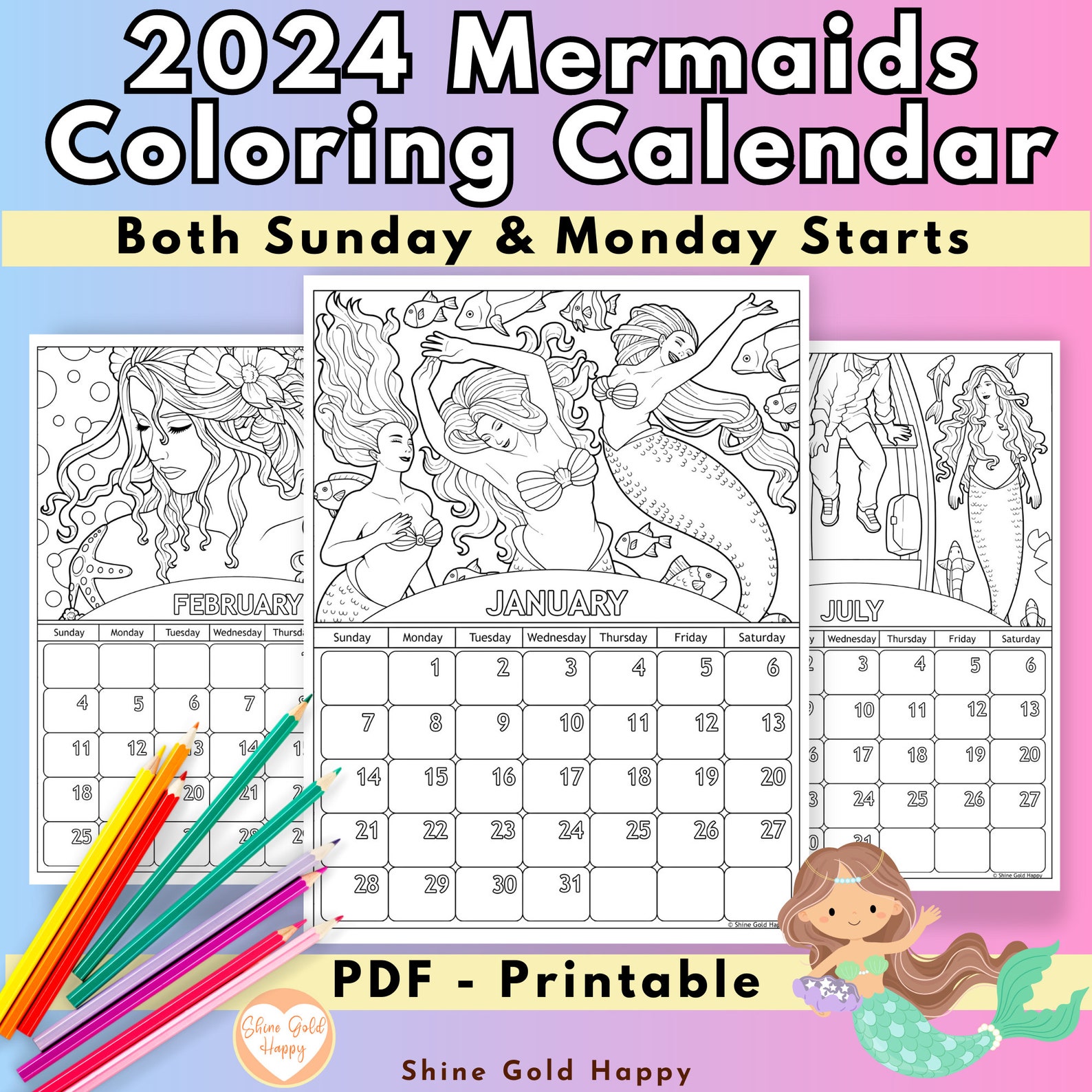 2024 Mermaids Coloring Calendar, Printable Calendar 2024, PDF Digital ...