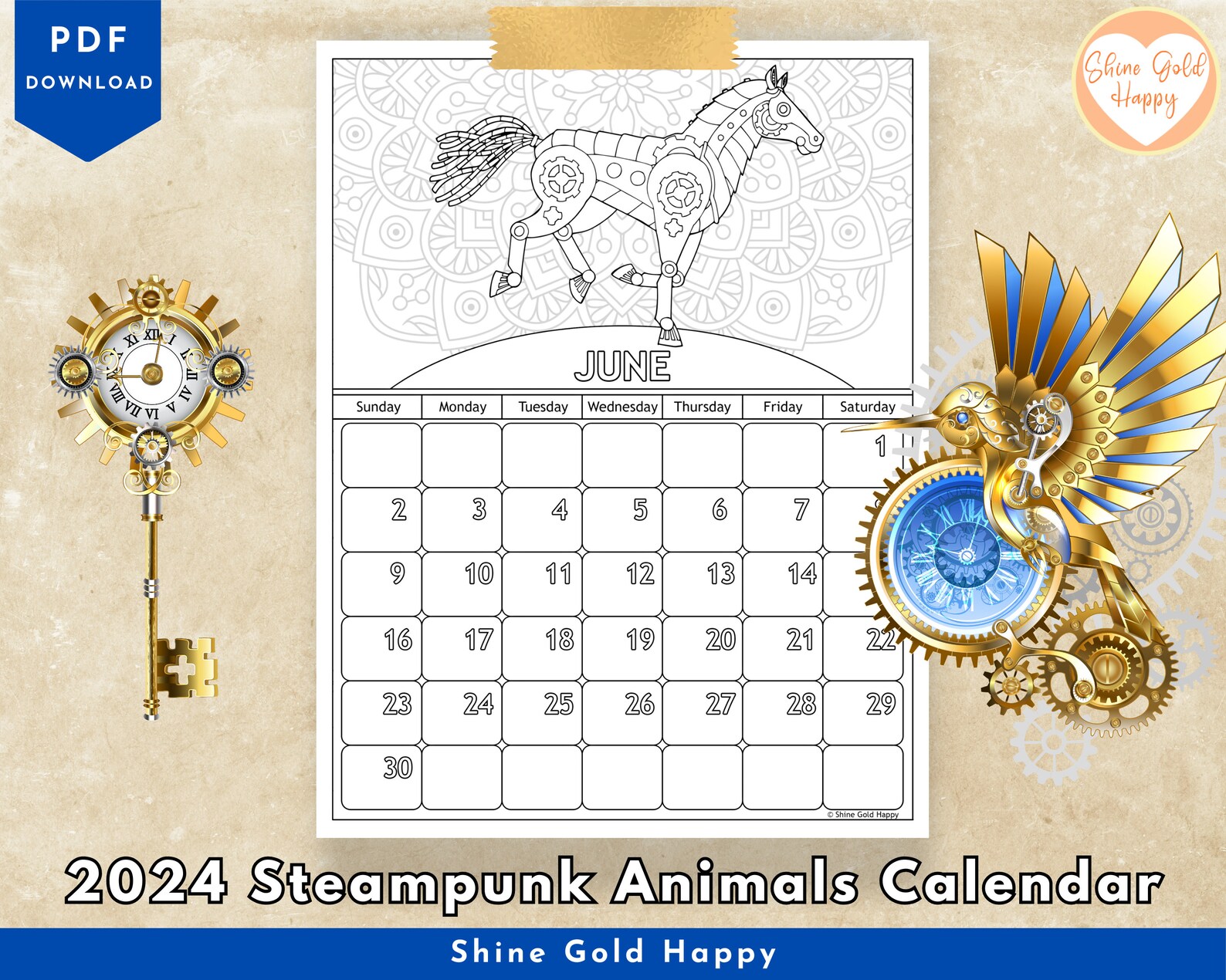 2024 Steampunk Animals Coloring Calendar, Printable Calendar 2024, PDF ...