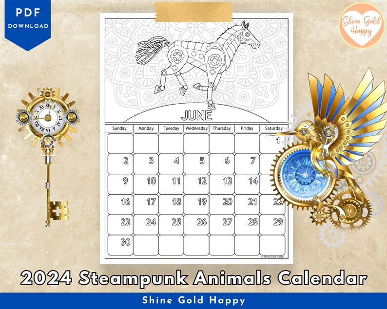 2024 Steampunk Animals Coloring Calendar, Printable Calendar 2024, PDF ...
