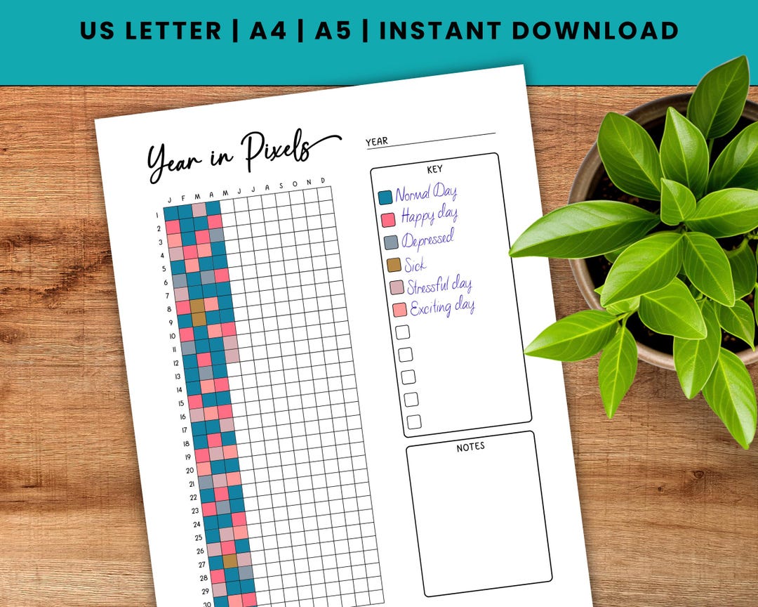 Year in Pixels Tracker, Habit Tracker, Mood Tracker, Journal, Planner Insert, A4, A5, US Letter ...