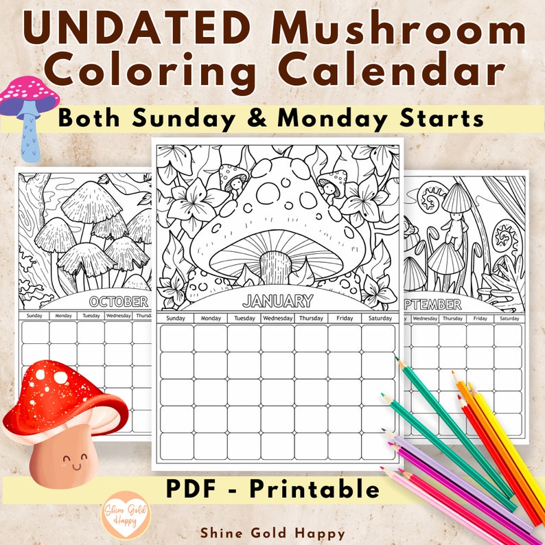 Undated Mushroom Calendar, Printable Calendar, PDF Digital Download ...