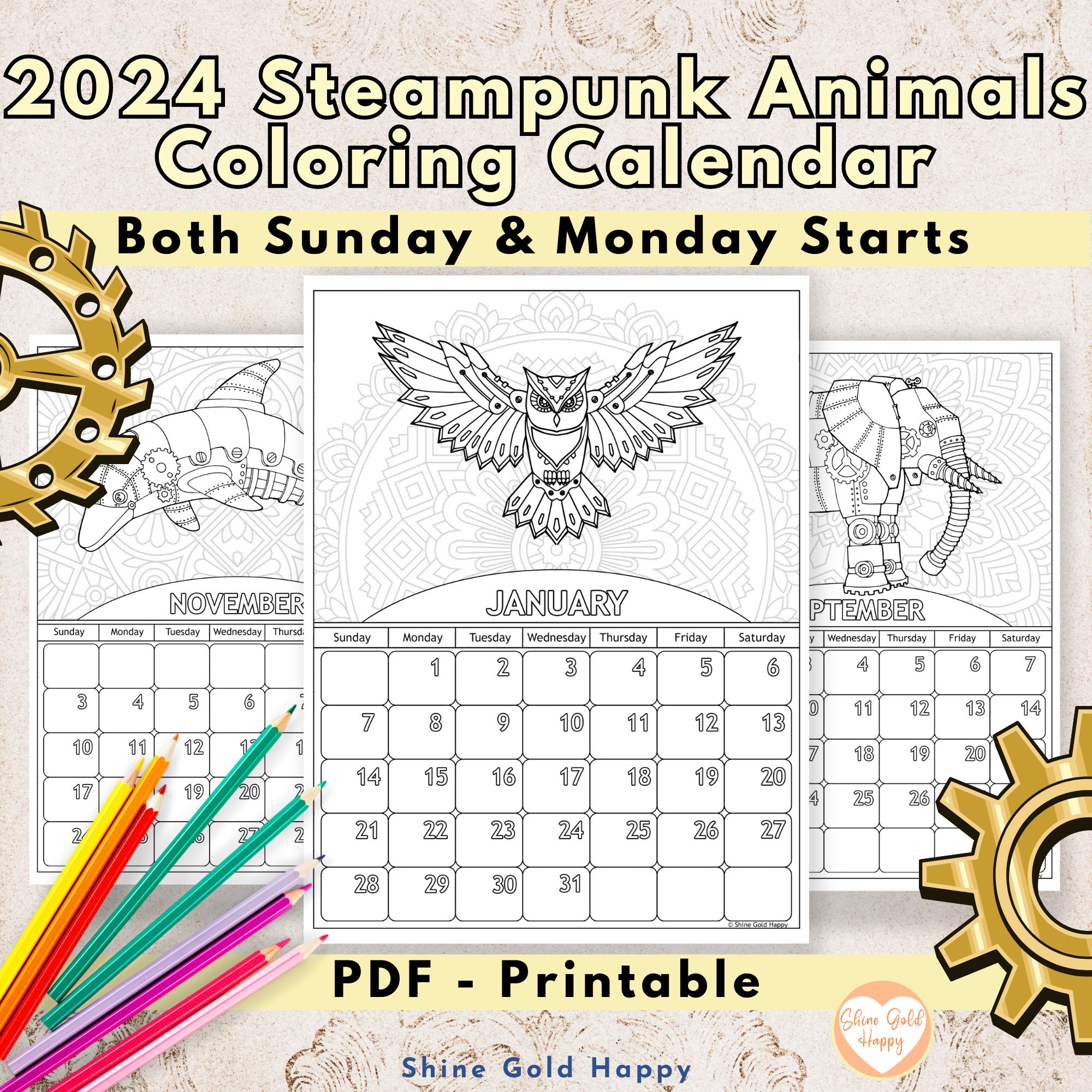 2024 Steampunk Animals Coloring Calendar, Printable Calendar 2024, PDF ...