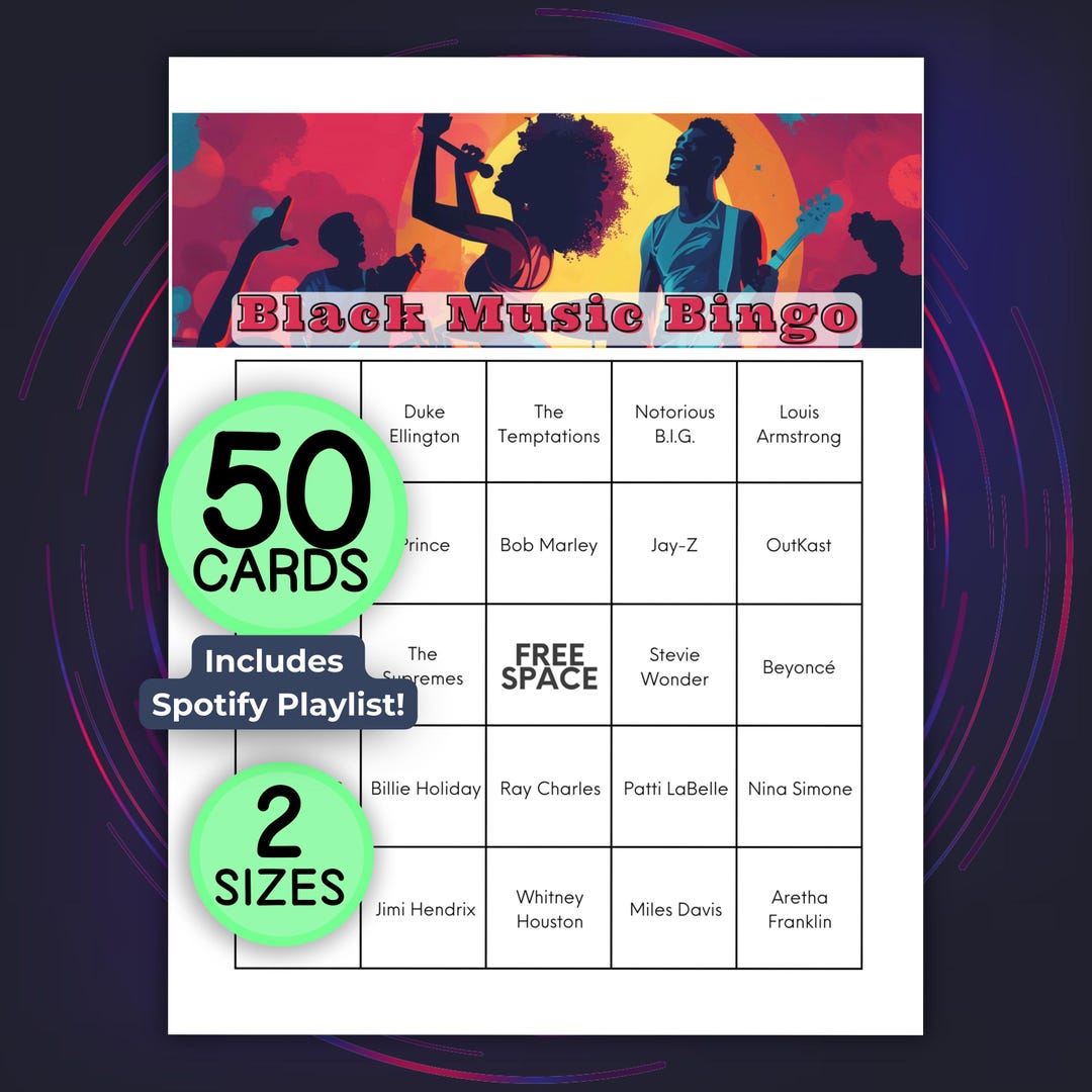 Black Music Bingo Printable Game, Spotify Playlist Included, 50 Unique ...