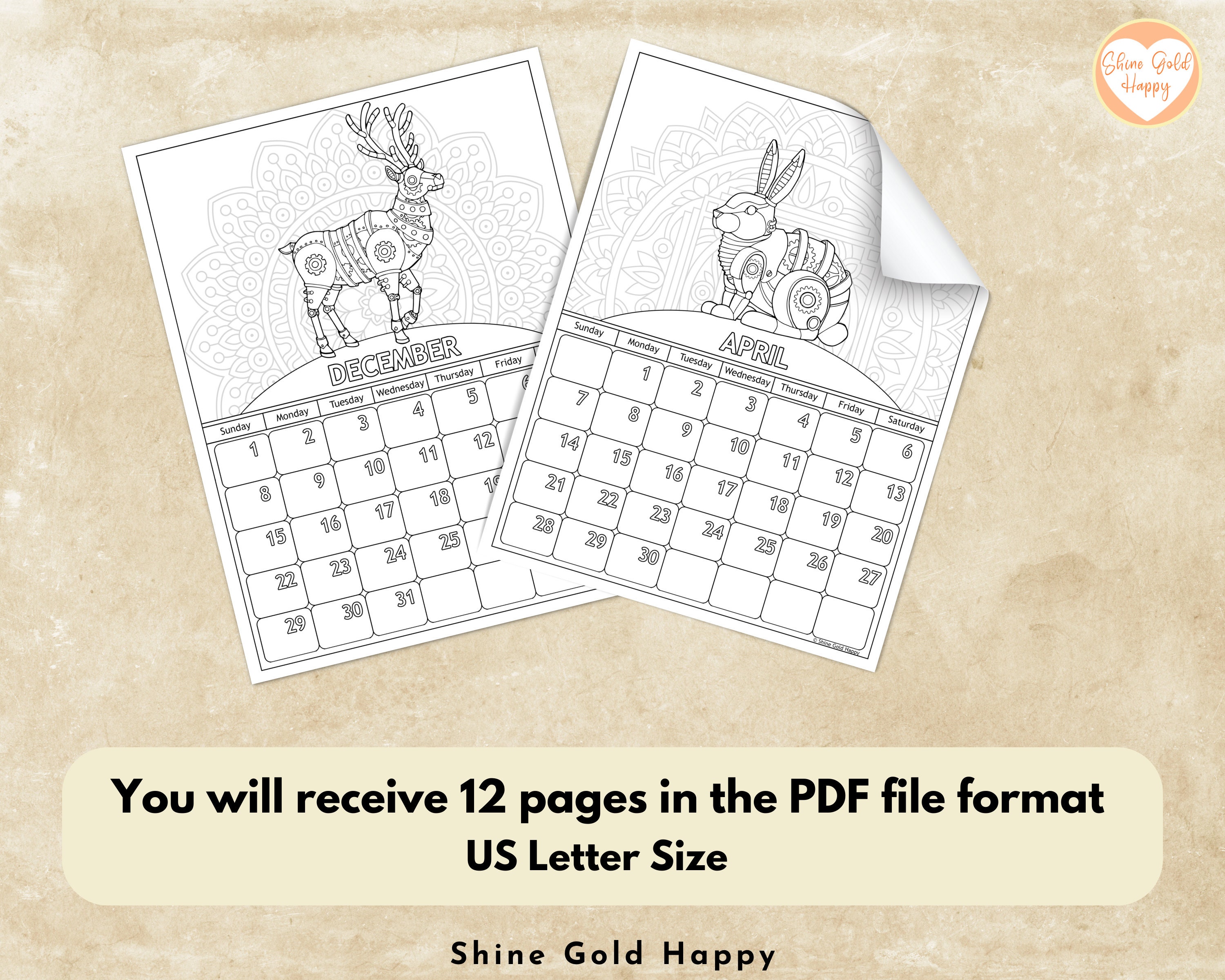 2024 Steampunk Animals Coloring Calendar, Printable Calendar 2024, PDF ...
