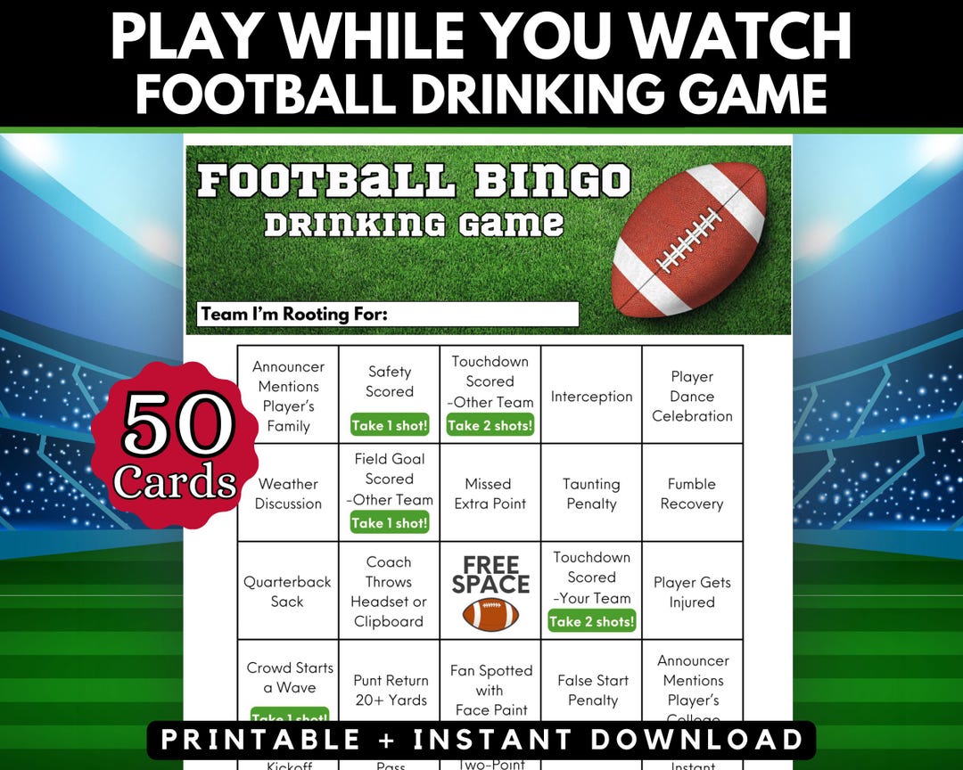 Football Bingo Drinking Game, 50 Unique Bingo Cards, Football Drinking ...