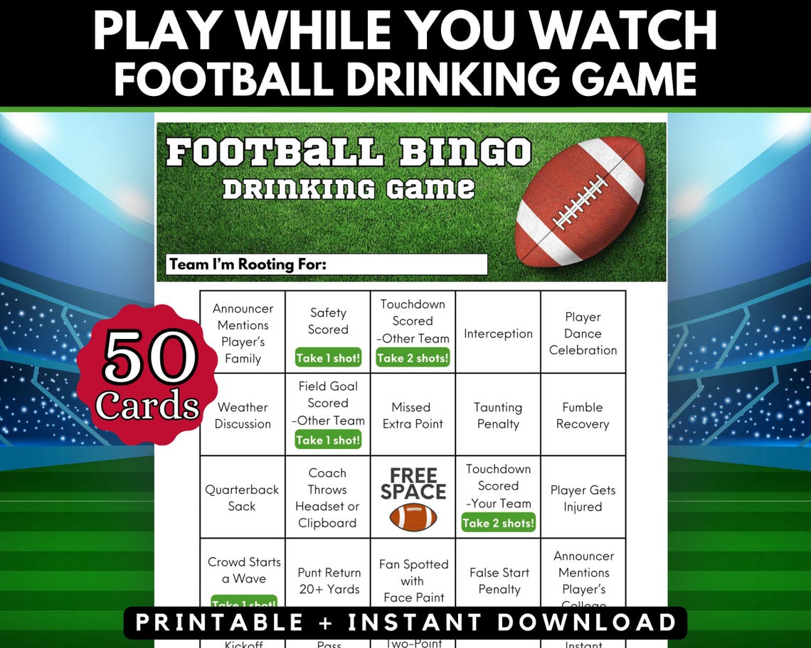 Football Bingo Drinking Game, 50 Unique Bingo Cards, Football Drinking ...