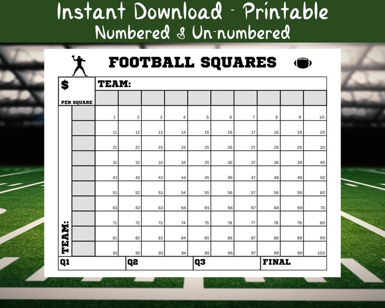 Football Squares Printable, 100 Squares Football Grid, Football ...