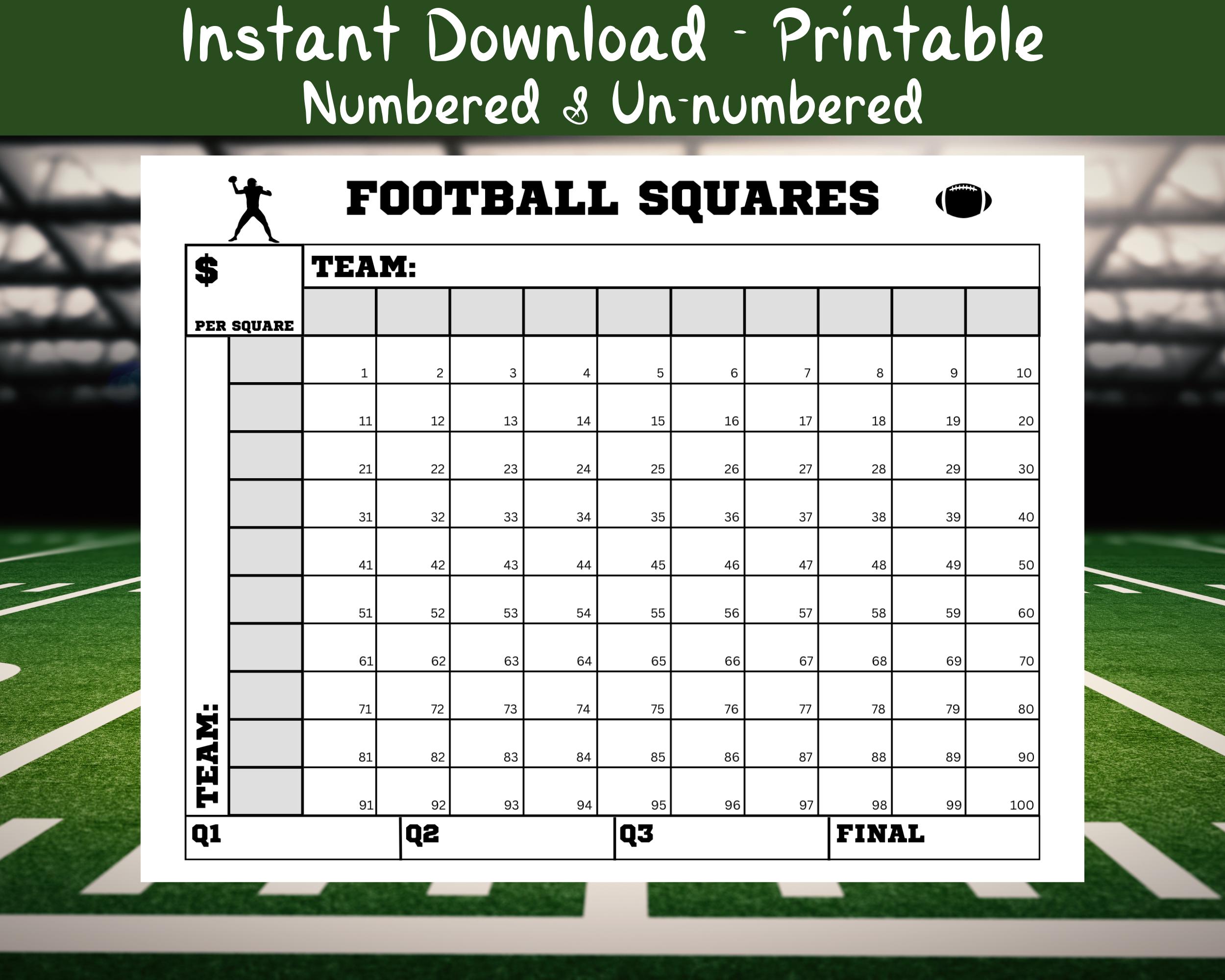 Football Squares Printable, 100 Squares Football Grid, Football ...