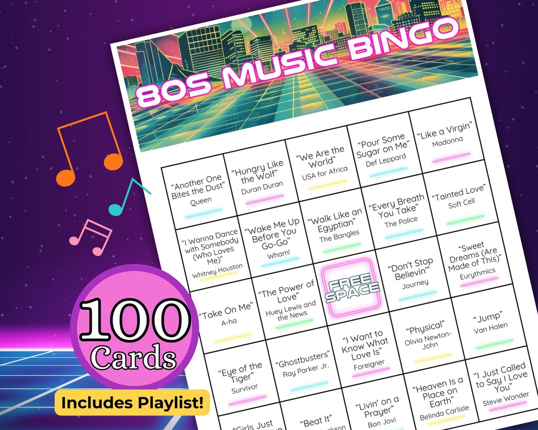 80s Music Bingo Printable Game, Spotify Playlist Included, 100 Unique ...