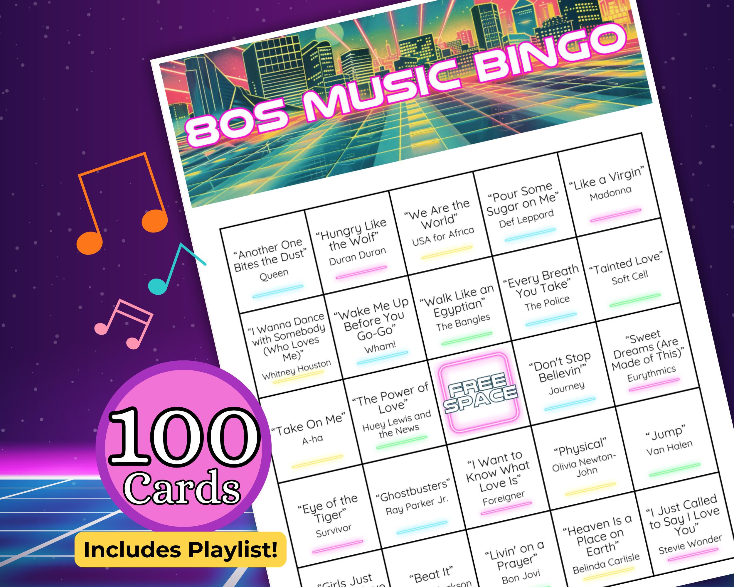80s Music Bingo Printable Game, Spotify Playlist Included, 100 Unique ...