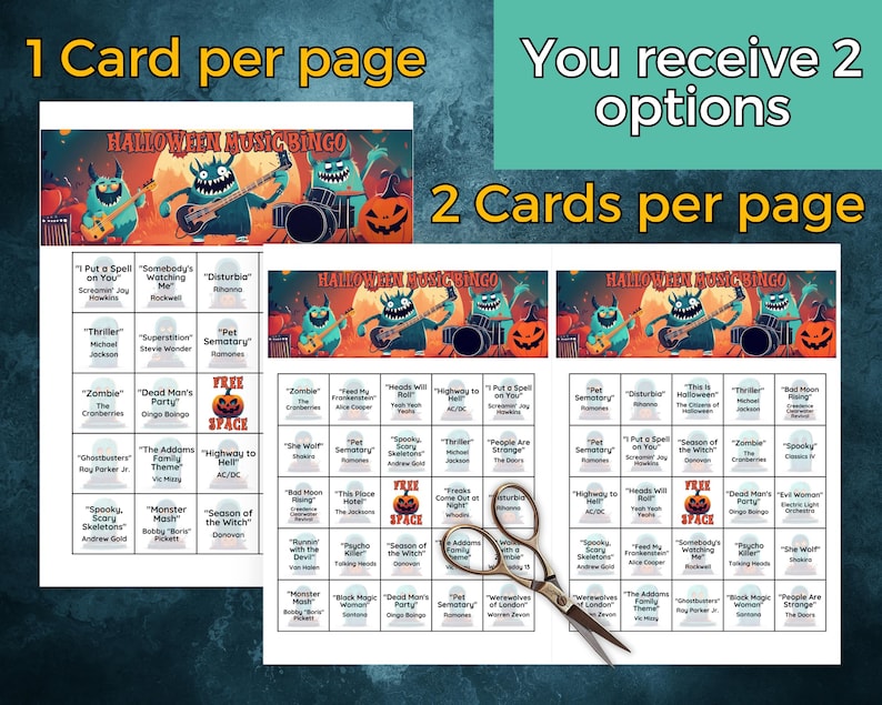 Halloween Music Bingo, Spotify Playlist Included, 50 Unique Bingo Cards ...