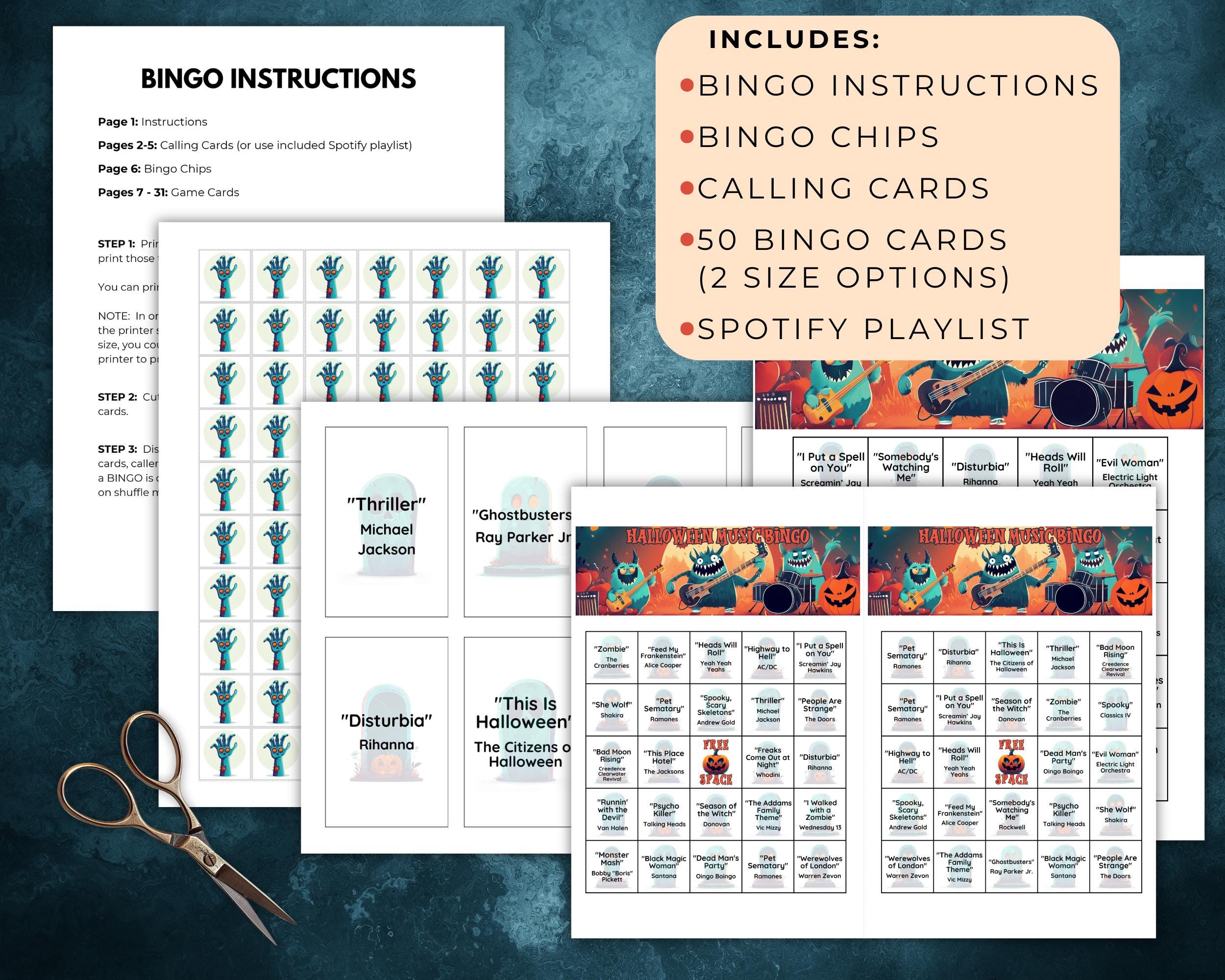 Halloween Music Bingo, Spotify Playlist Included, 50 Unique Bingo Cards ...