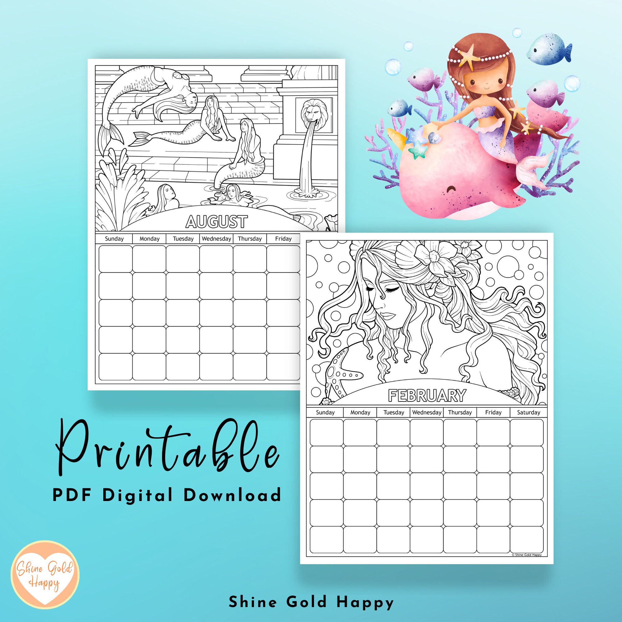 Undated Mermaids Coloring Calendar Printable Monthly - Etsy