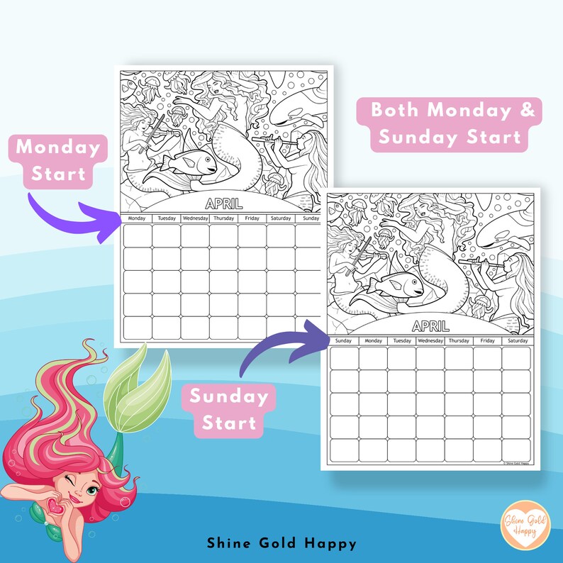 Undated Mermaids Coloring Calendar Printable Monthly - Etsy