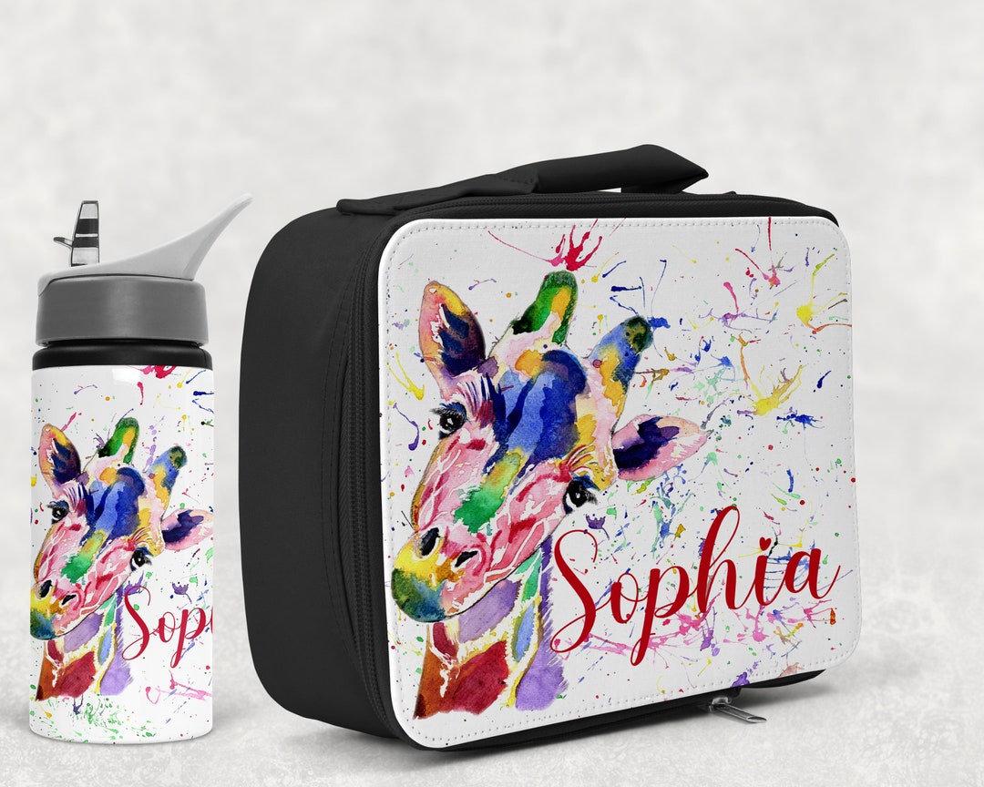 Personalised Giraffe Rainbow Cooler Lunch Box & Water Bottle Set Kids ...
