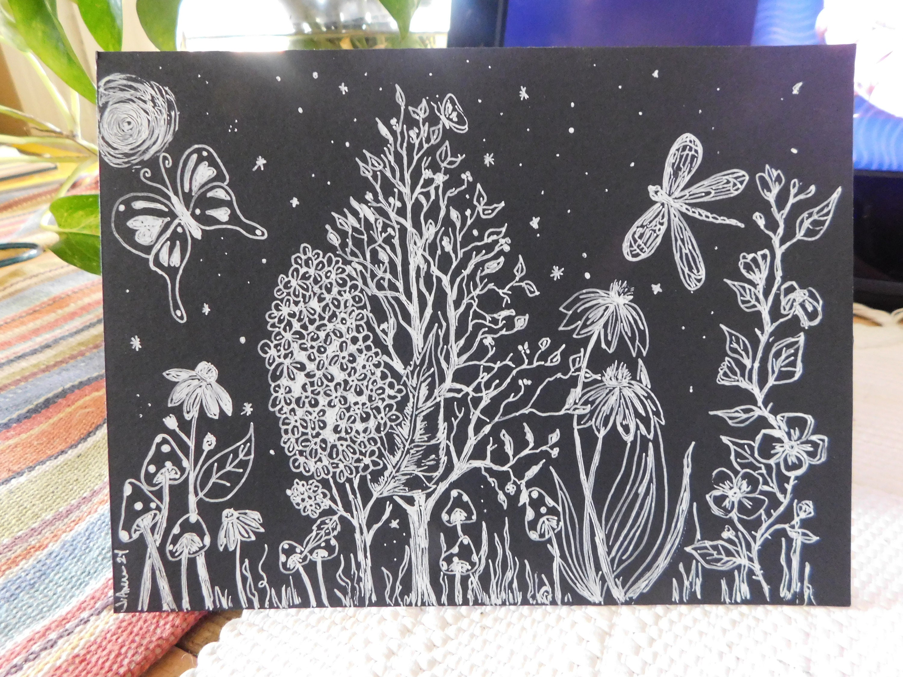 Magical Midnight Doodle, Botanical Art, White Ink Original by Jamie ...