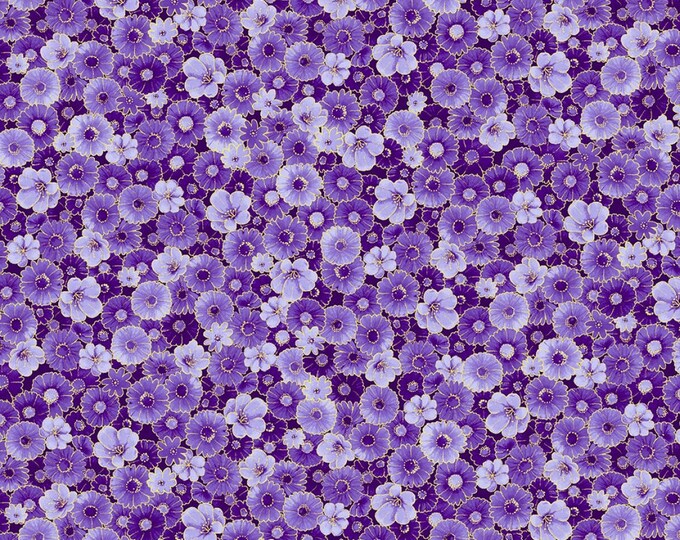 Timeless Treasure Purple Utopia Small Packed Floral With Gold Cotton ...