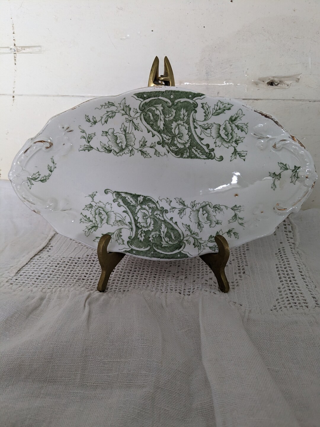 F Winkle & Co Antique Small Ellipse Shaped Saucer, Green Transferware ...