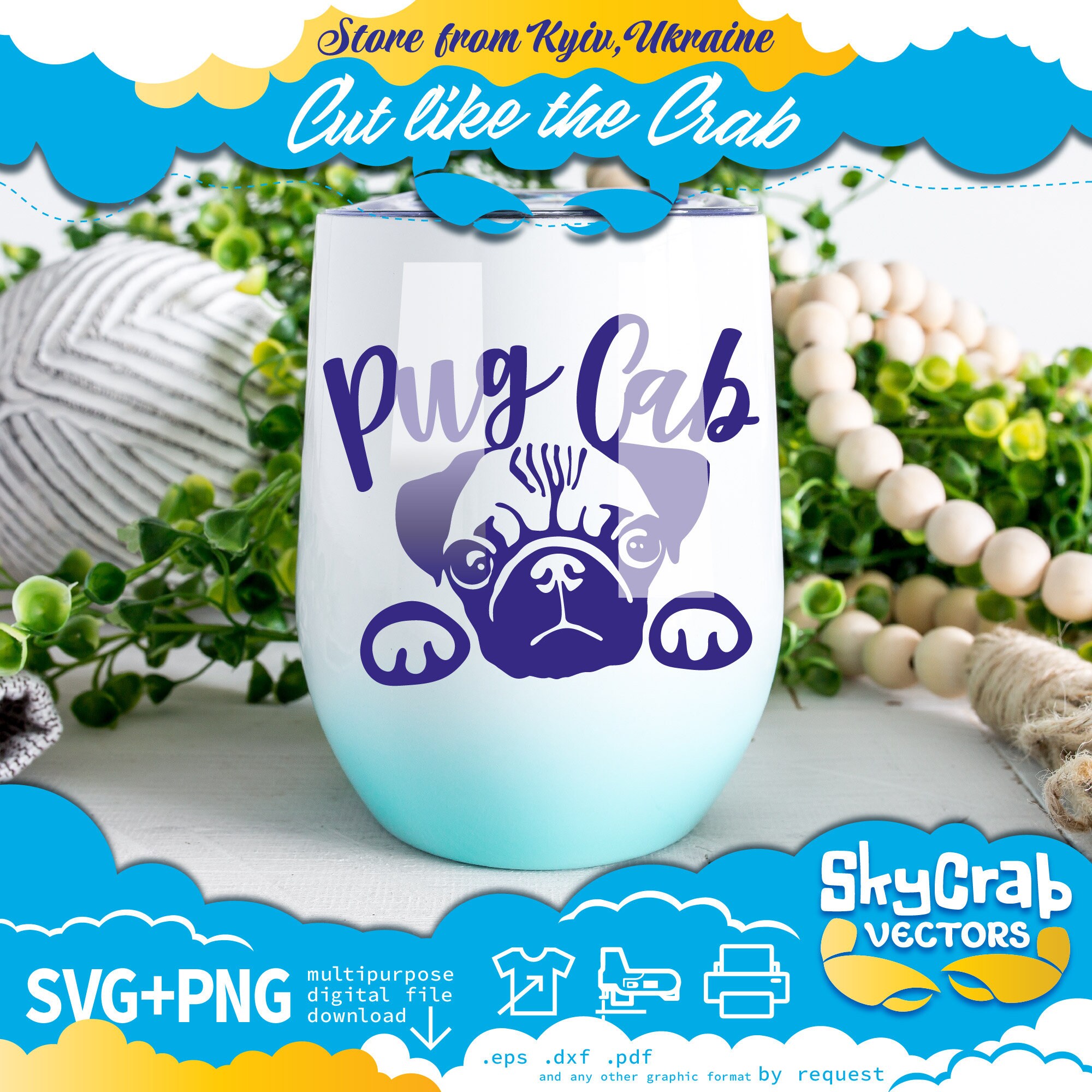 Pug Cab Calligraphy Quote SVG, PNG, Solid Shape Dog Portrait Digital ...