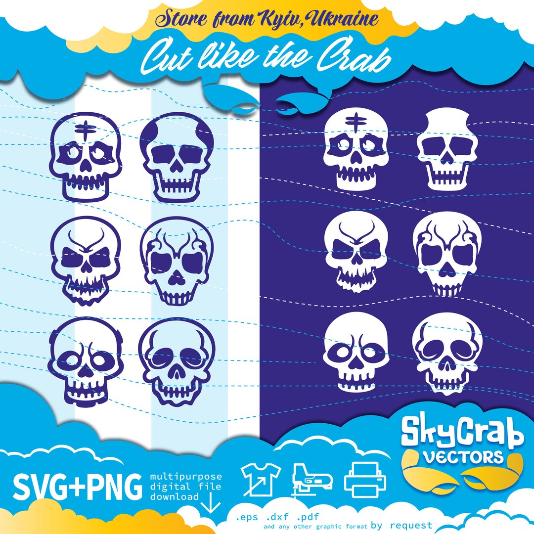 Skull Set, Sculls Clipart SVG, PNG, Fun Sculls Solid Shape for Dark and ...